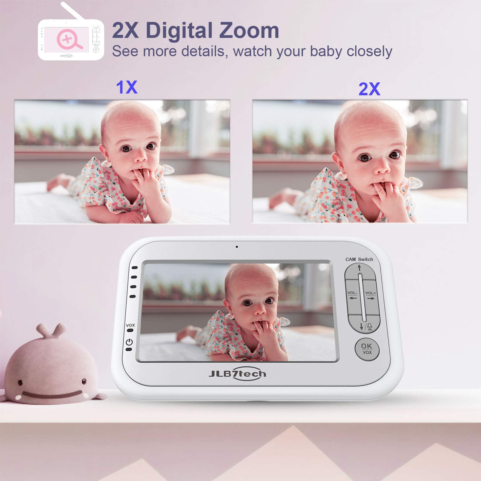 JLB7tech Split-Screen Video Baby Monitor with 2 Cameras and 4.3" LCD,Auto Night Vision,Two-Way Talkback,Temperature Detection,Power Saving/Vox,Zoom in,3000mAh Battery