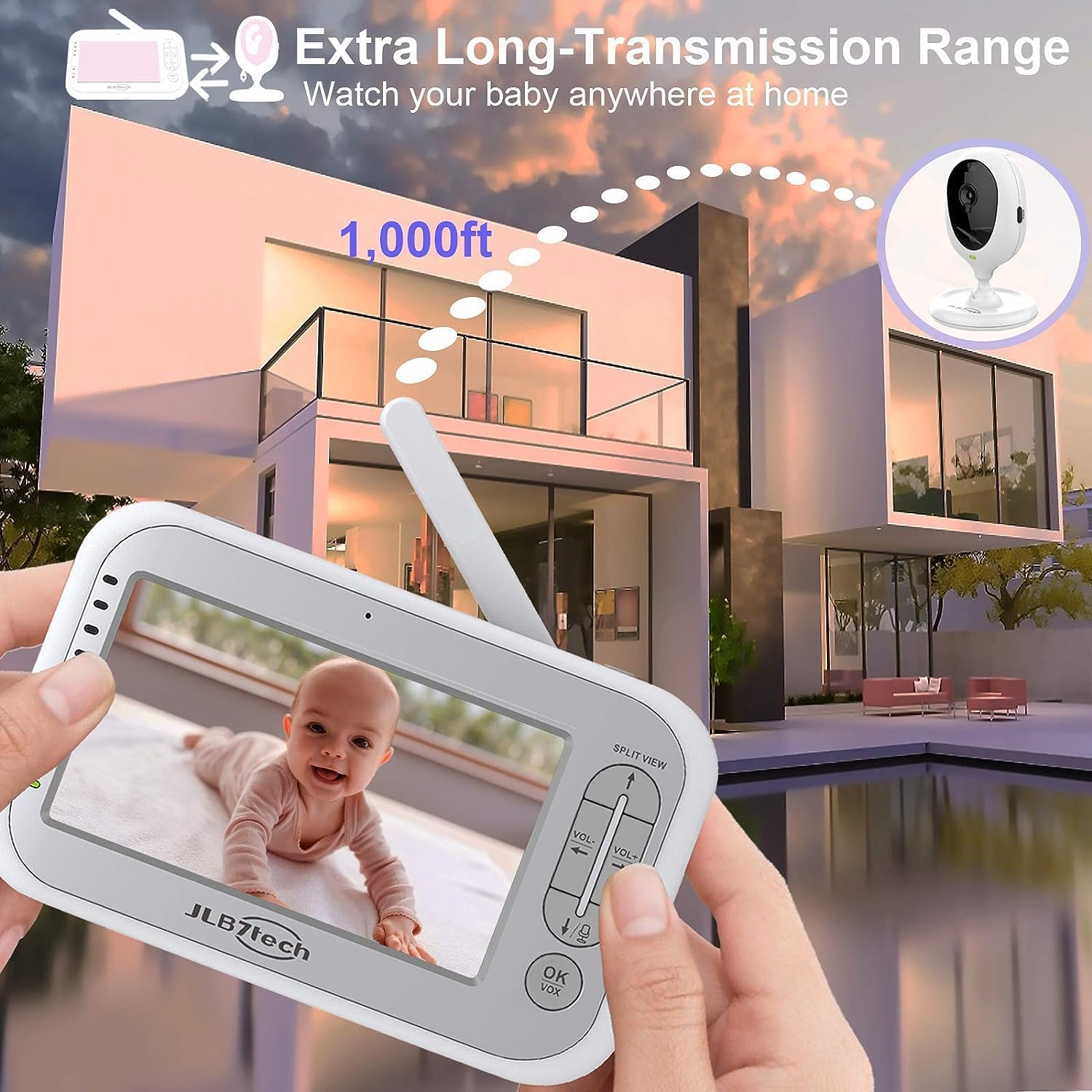 JLB7tech Split-Screen Video Baby Monitor with 2 Cameras and 4.3" LCD,Auto Night Vision,Two-Way Talkback,Temperature Detection,Power Saving/Vox,Zoom in,3000mAh Battery