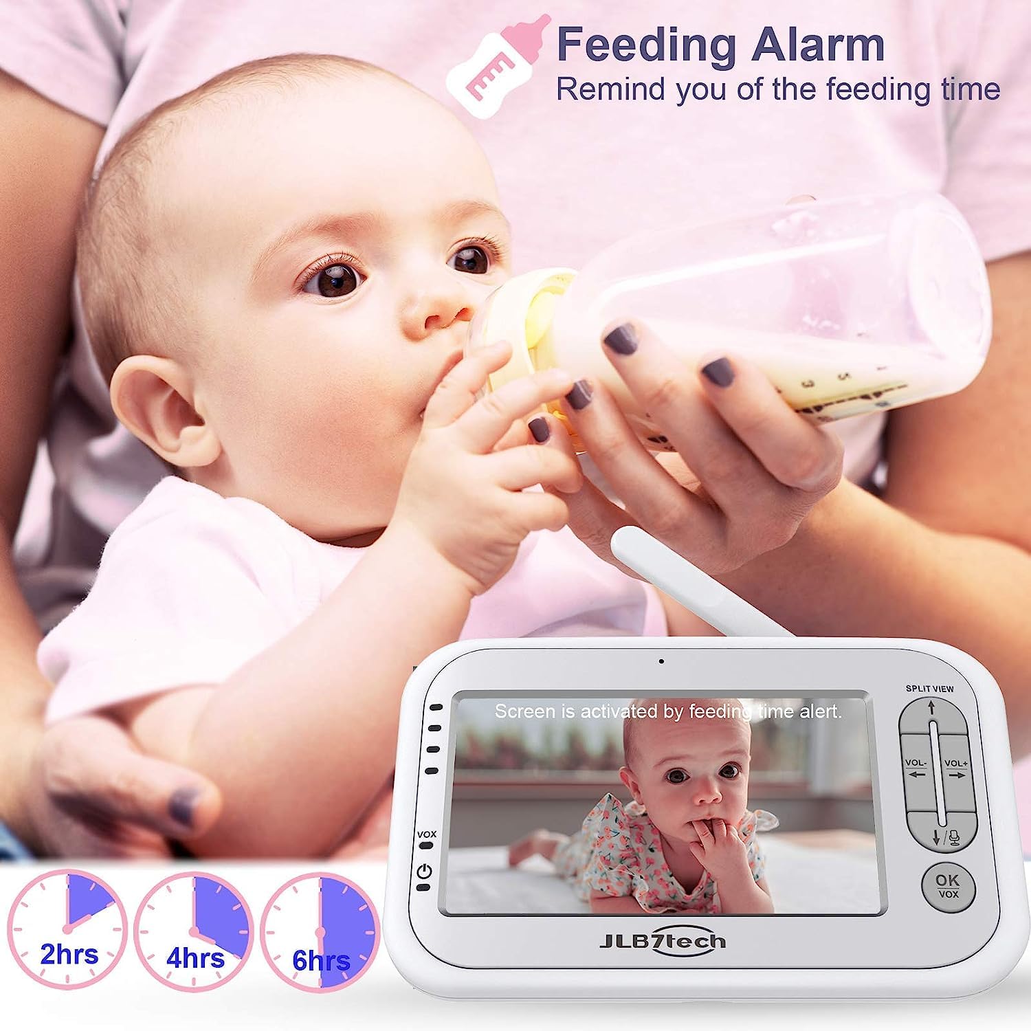 JLB7tech Split-Screen Video Baby Monitor with 2 Cameras and 4.3" LCD,Auto Night Vision,Two-Way Talkback,Temperature Detection,Power Saving/Vox,Zoom in,3000mAh Battery