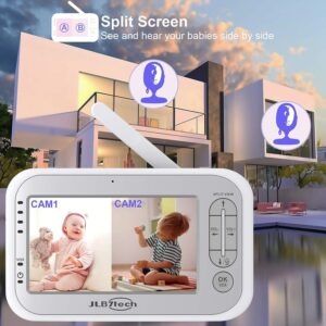 JLB7tech Split-Screen Video Baby Monitor with 2 Cameras and 4.3" LCD,Auto Night Vision,Two-Way Talkback,Temperature Detection,Power Saving/Vox,Zoom in,3000mAh Battery