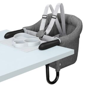 hook on chair with tray, fold-flat storage and tight fixing clip on high chair, portable baby feeding seat, high chair for home and travel (grey)