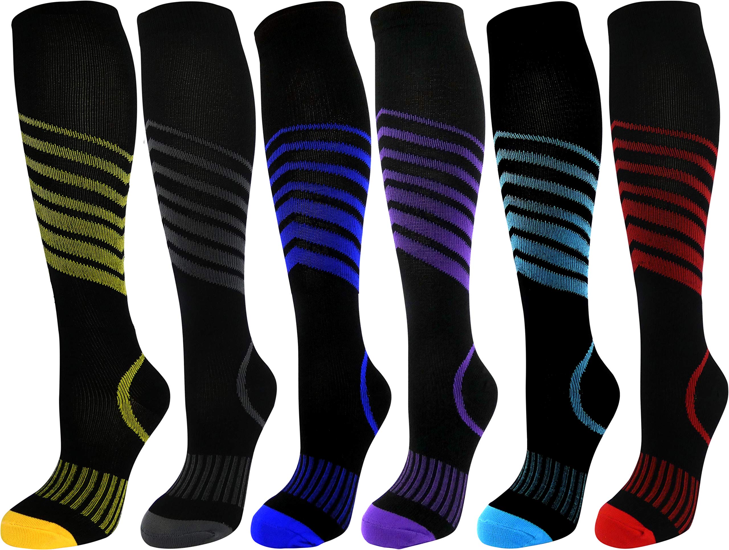 6 Pair Graduated Compression Socks for Men and Women (All Black Designs, Small/Medium)