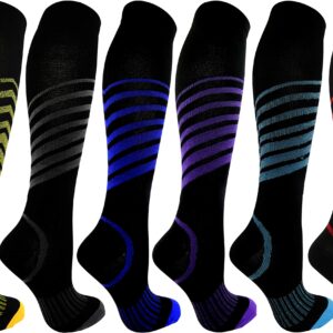 6 Pair Graduated Compression Socks for Men and Women (All Black Designs, Small/Medium)