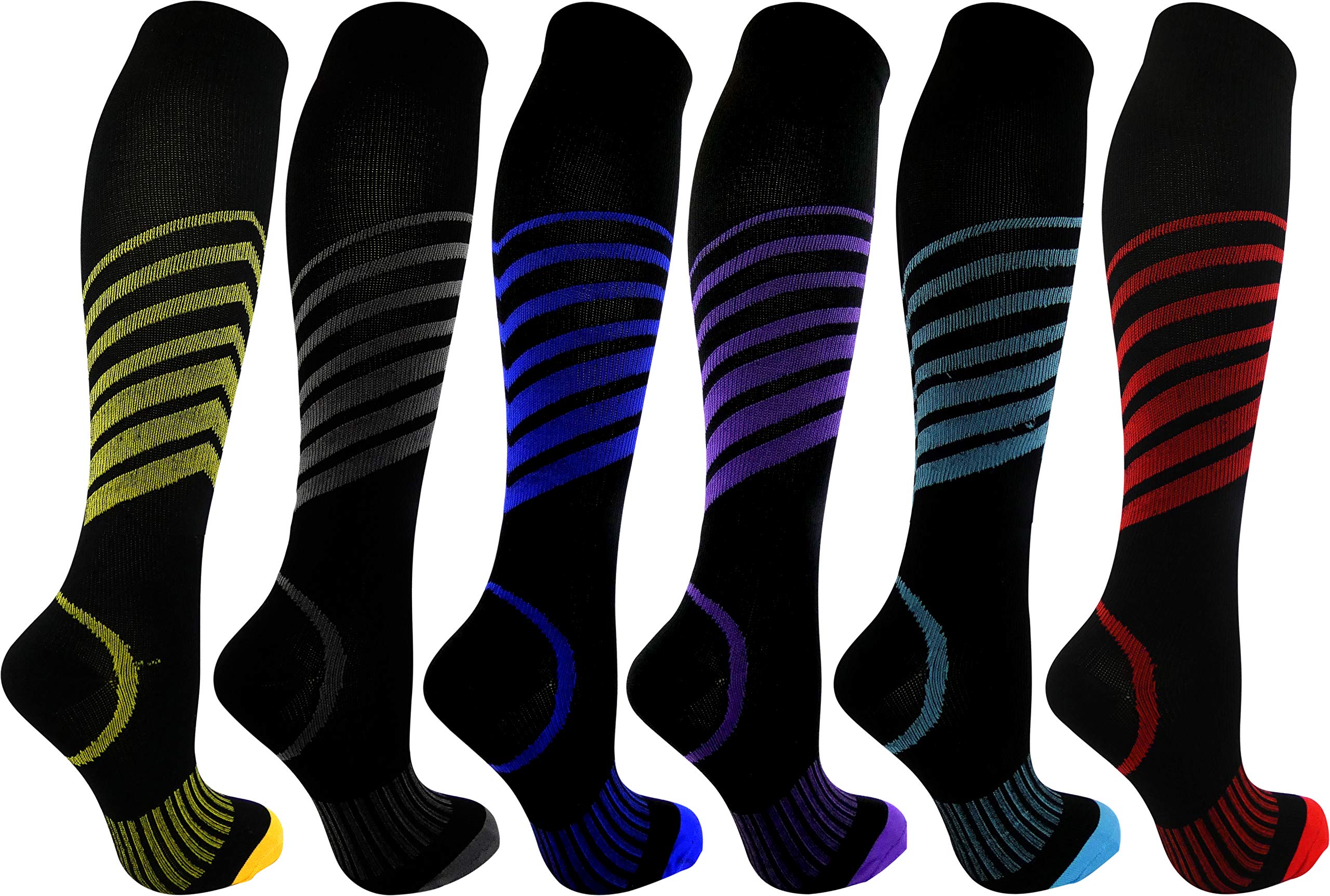 6 Pair Graduated Compression Socks for Men and Women (All Black Designs, Small/Medium)