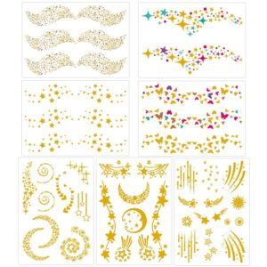 konsait 7sheets face tattoo sticker metallic temporary transfer tattoo waterproof face jewel s for women girls make up dancer costume parties, shimmer glitter designs gold tattoos