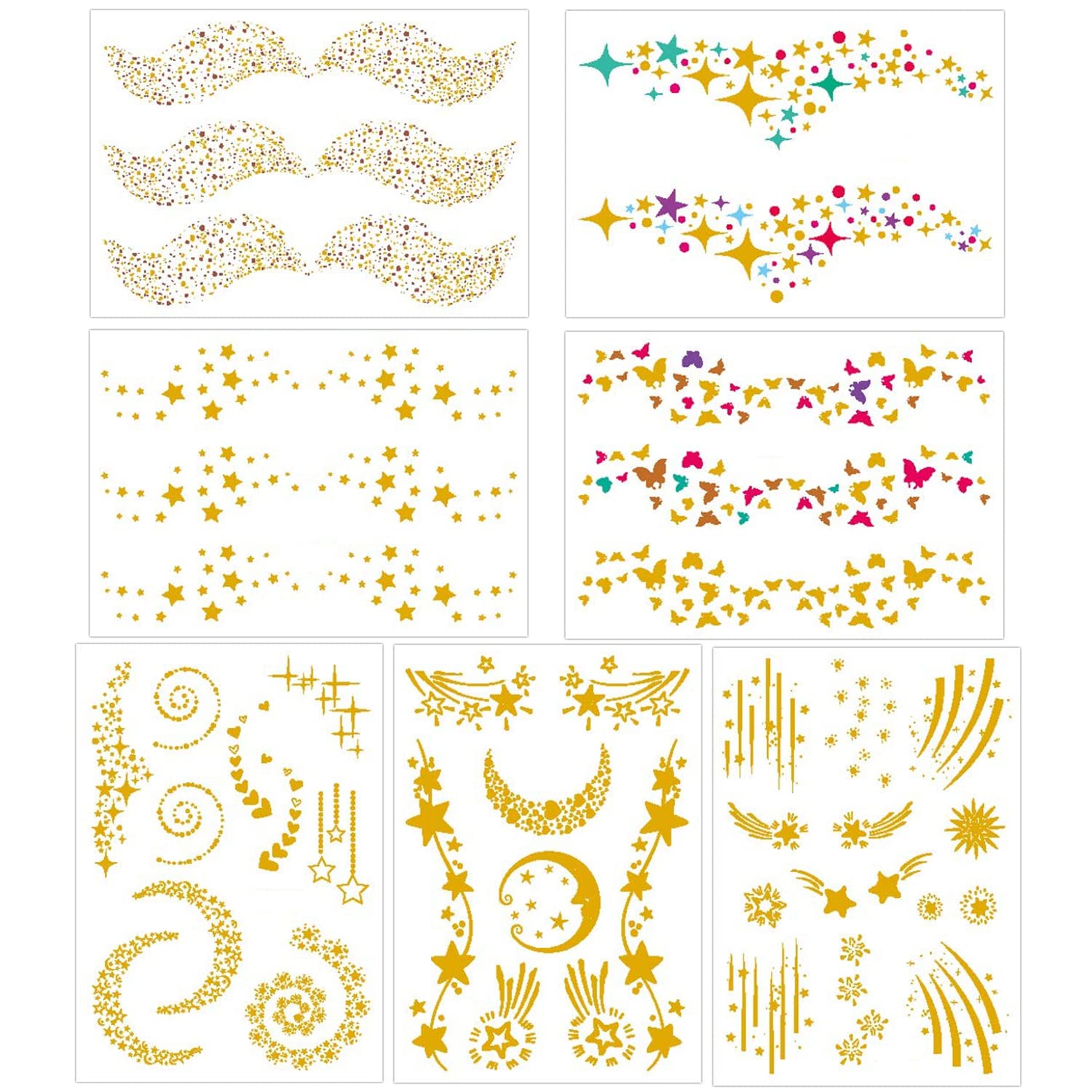 Konsait 7sheets Face Tattoo Sticker Metallic Temporary Transfer Tattoo Waterproof Face Jewel s for Women Girls Make Up Dancer Costume Parties, Shimmer Glitter Designs Gold Tattoos