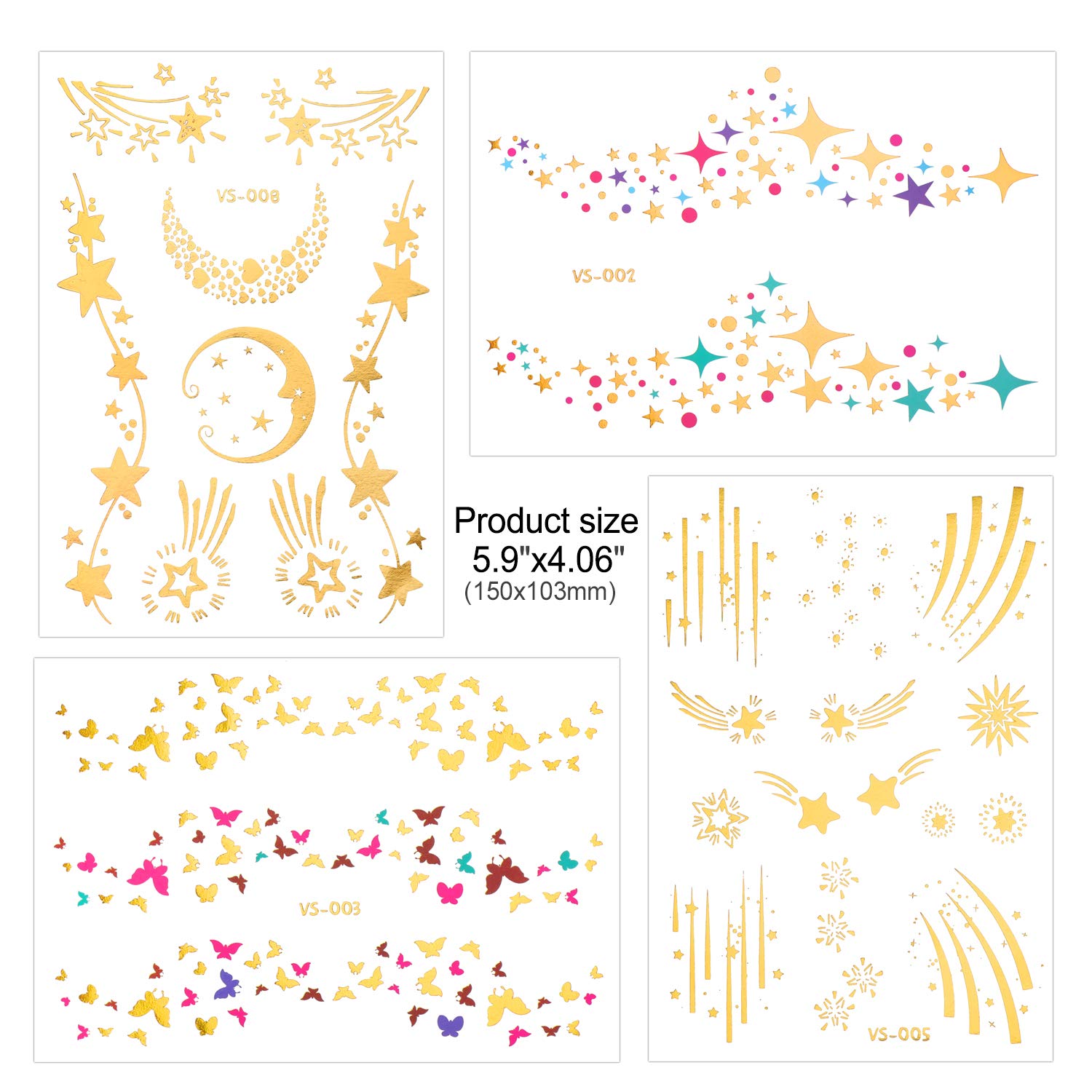 Konsait 7sheets Face Tattoo Sticker Metallic Temporary Transfer Tattoo Waterproof Face Jewel s for Women Girls Make Up Dancer Costume Parties, Shimmer Glitter Designs Gold Tattoos