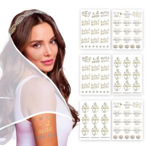 bachelorettesy wedding temporary tattoos 6 sheets bride bachelorette stickers 100+ metallic gold tattoos for bridal party, bachelorette trip, bridal shower party decorations, party favors (marina)