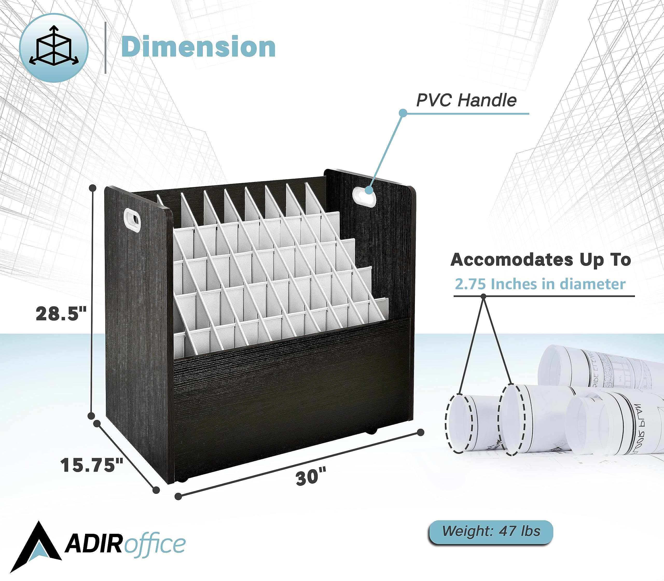 Adir Mobile Blueprint Roll File Holder - Mobile Roll File Organizer Cart for Home Office or School. 50 Slots Blueprint File Holder with Wheels for Maps, Plans, Posters