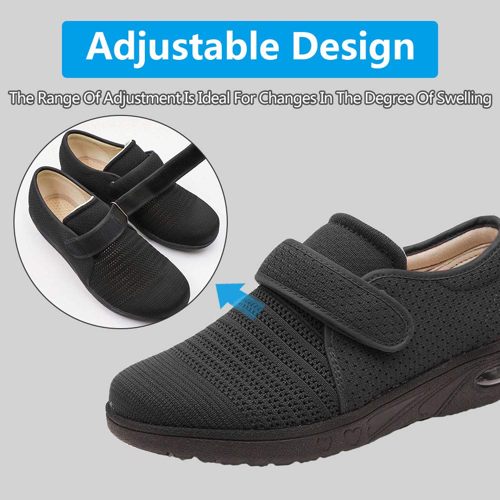 Womens Edema Diabetic Shoes with Arch Support,Extra Wide Breathable Lightweight Walking Sneakers Air Cushion Sole for Swollen Feet, Plantar Fasciitis Black