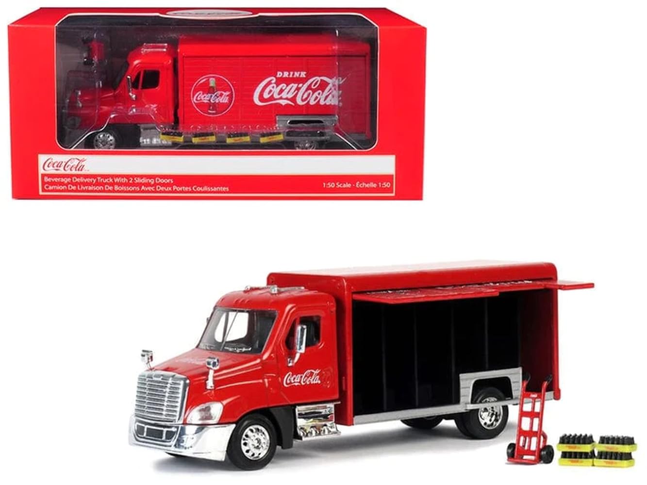 Coca-Cola 1/50 Beverage Delivery Truck With 2 Sliding doors, handcart and 2 bottle cases