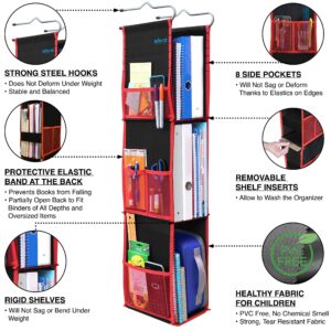 ABRA® 3 Shelf Hanging Locker Organizer for School, Gym, Work, Storage | Deep Shelves 6.5”x 9”| Eco-Friendly Fabric Healthy for Children | Adjustable School Locker Shelf from 3 to 2 Shelves (Black/Red)