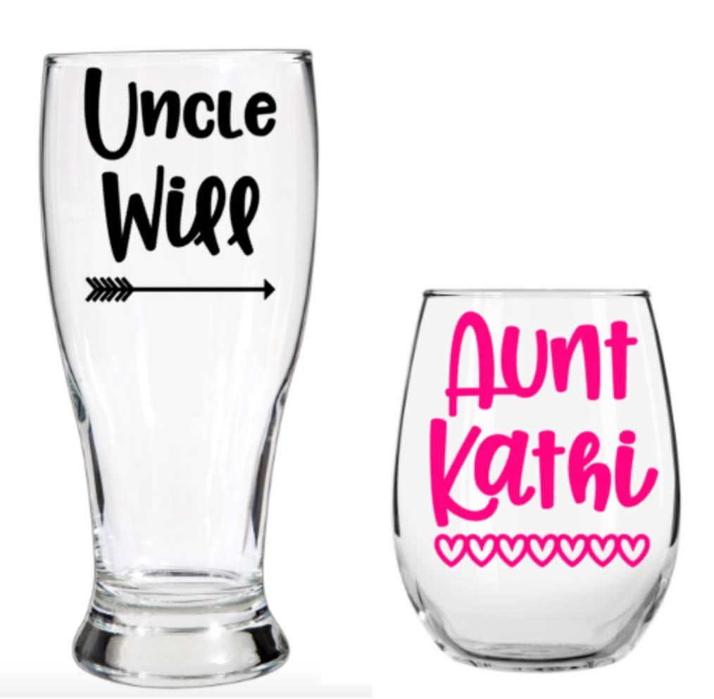 New Aunt and Uncle Beer and Wine Glass Set, Pregnancy Reveal Gifts