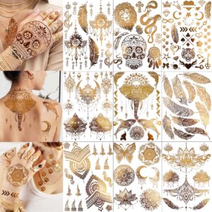 coktak 9 sheets 88+ designs large gold metallic temporary tattoos for women boobs girls adults, 3d flash fake golden tattoo stickers eleplant, tribal bohemia glitter snake tattoos moon lotus body art