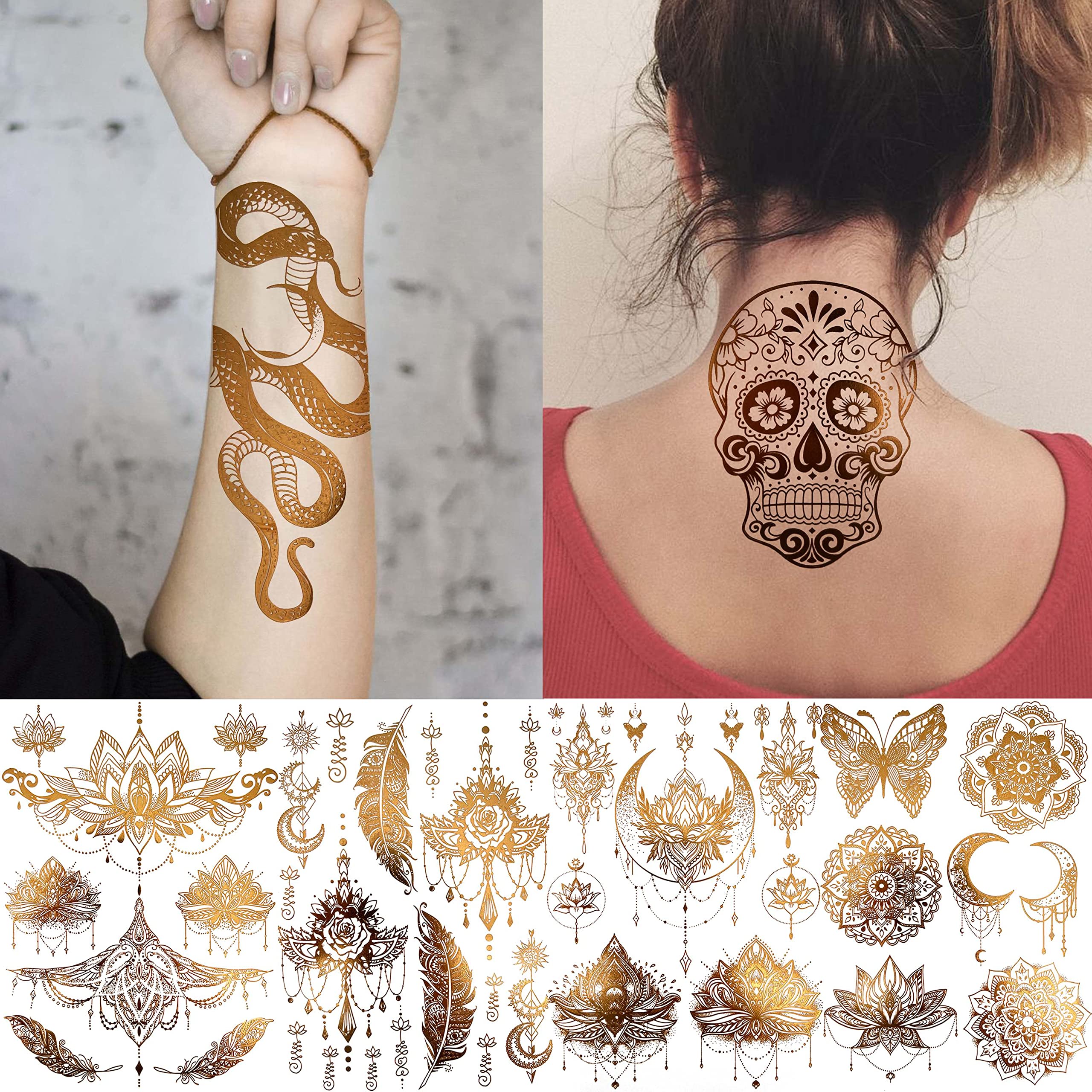 COKTAK 9 Sheets 88+ Designs Large Gold Metallic Temporary Tattoos For Women Boobs Girls Adults, 3D Flash Fake Golden Tattoo Stickers Eleplant, Tribal Bohemia Glitter Snake Tattoos Moon Lotus Body Art