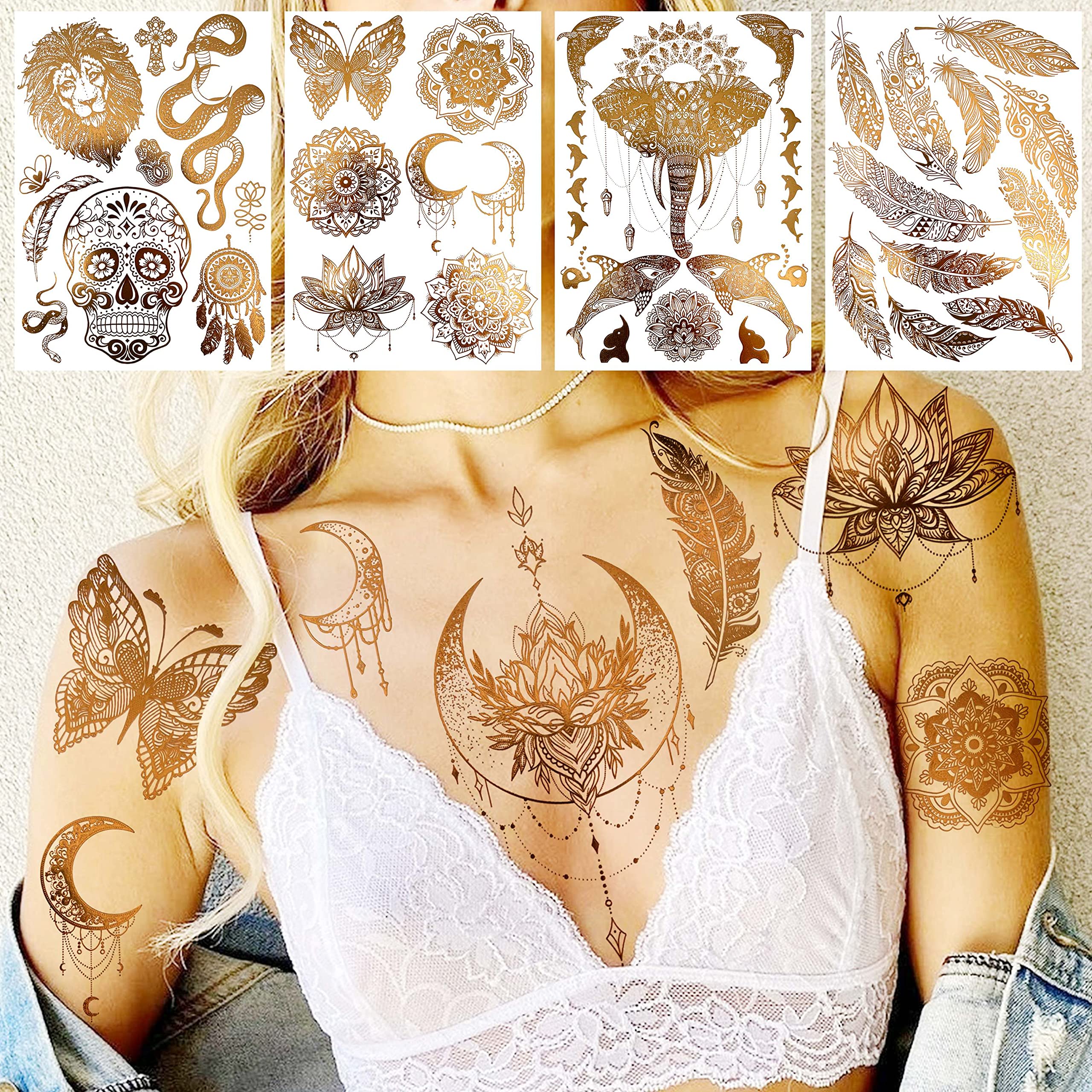 COKTAK 9 Sheets 88+ Designs Large Gold Metallic Temporary Tattoos For Women Boobs Girls Adults, 3D Flash Fake Golden Tattoo Stickers Eleplant, Tribal Bohemia Glitter Snake Tattoos Moon Lotus Body Art