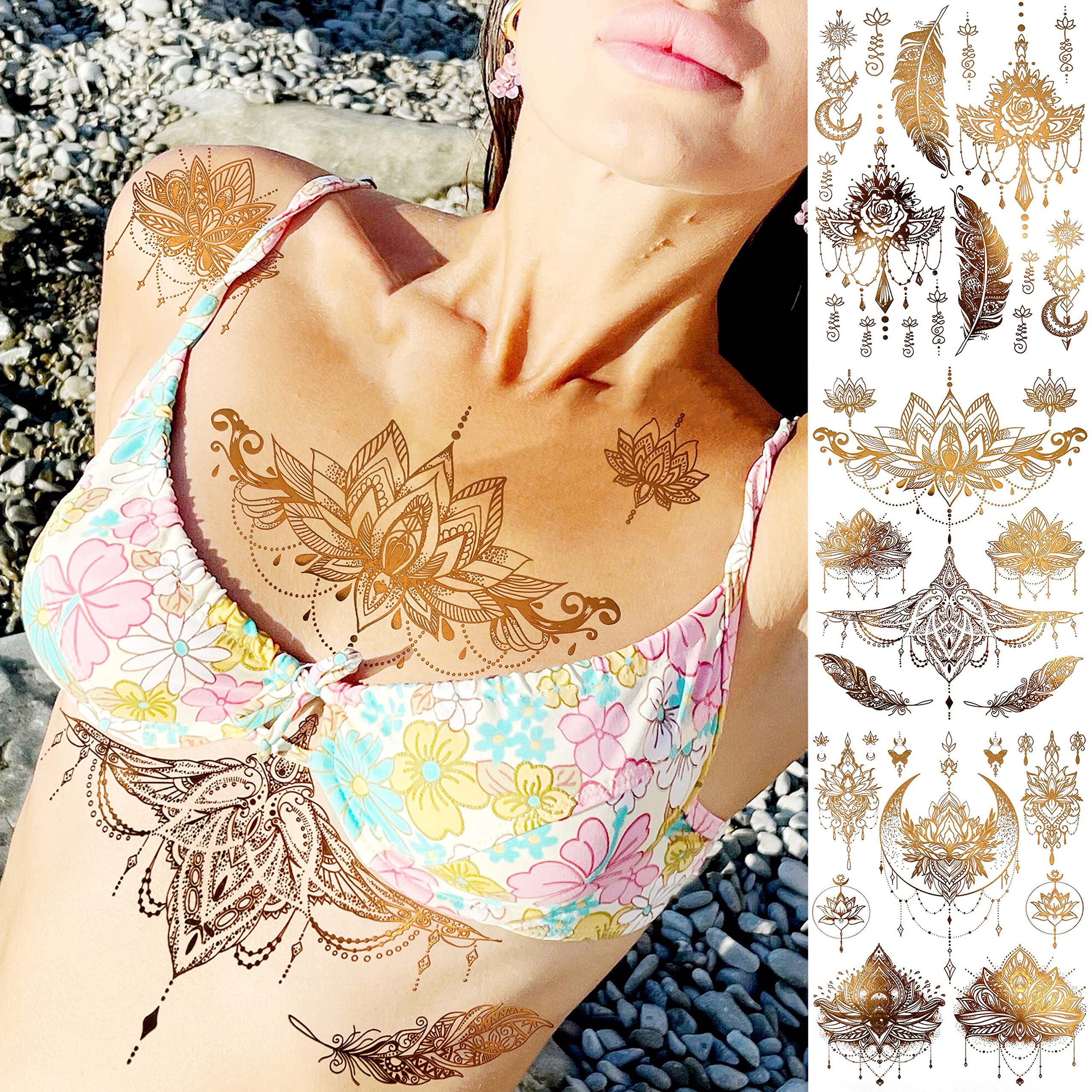 COKTAK 9 Sheets 88+ Designs Large Gold Metallic Temporary Tattoos For Women Boobs Girls Adults, 3D Flash Fake Golden Tattoo Stickers Eleplant, Tribal Bohemia Glitter Snake Tattoos Moon Lotus Body Art