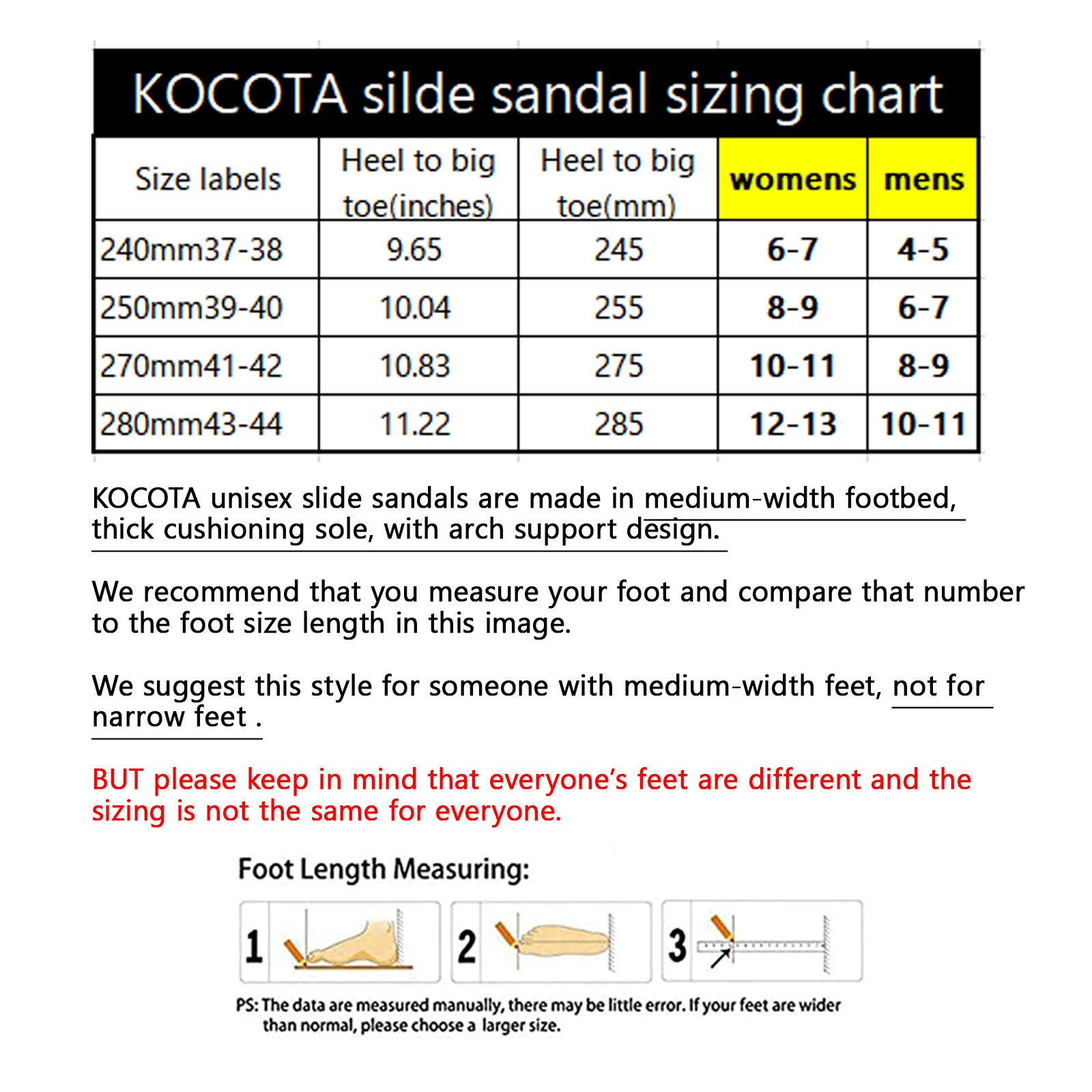 KOCOTA Men's and Womens Arch Support Recovery Slide Sandals Black 10-11 Women/8-9 Men.