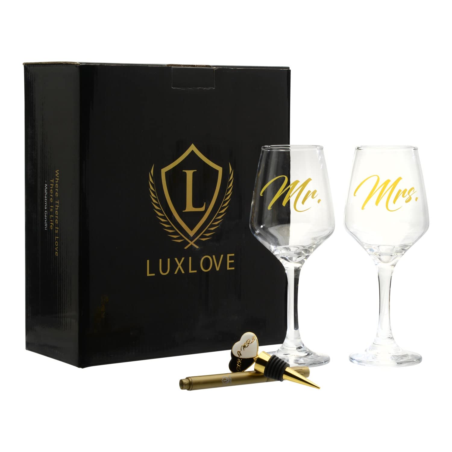 LUXLOVE Mr & Mrs Wine Glasses Set for Couples | Best Engagement Gifts for Her, Bridal Shower Gifts For Bride, Wedding Gifts For The Couple