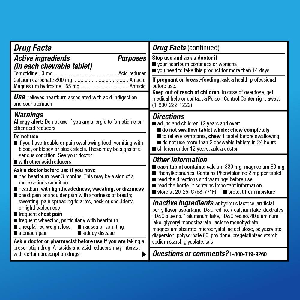 Amazon Basic Care Dual Action Complete, Chewable Acid Reducer Plus Antacid Tablets, Berry Flavor, Heartburn Medicine, Acid Indigestion Relief, 50 Count