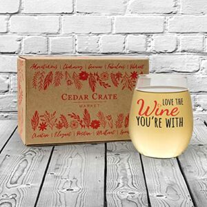 CEDAR CRATE MARKET Wine Glass with Gift Box,Stemless 15oz Love the Wine You're With