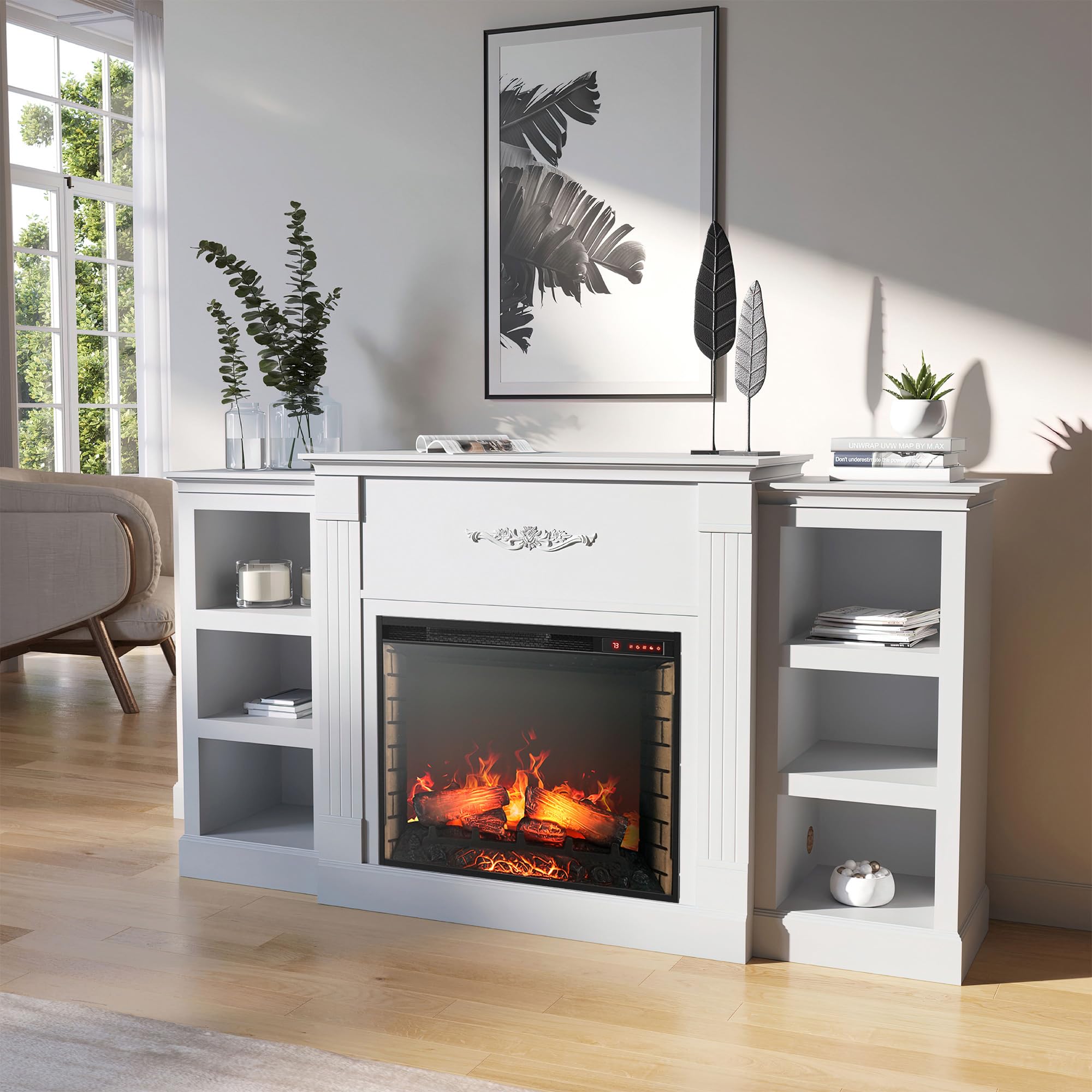 Della Electric Faux Fireplace TV Stand Mantel Heater, Entertainment Center with Built-In Bookshelves and Cabinets, Remote Control and Enhanced Log Display - White