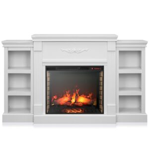 Della Electric Faux Fireplace TV Stand Mantel Heater, Entertainment Center with Built-In Bookshelves and Cabinets, Remote Control and Enhanced Log Display - White