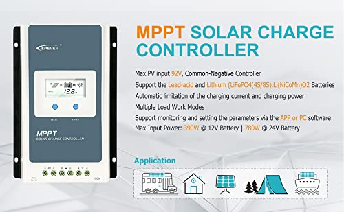 EPEVER MPPT 30A Solar Charge Controller, 30 Amp Solar Charge Regulator Mppt 12V/24V Auto Max 100V Input Negative Grounded Controller with LCD Display for Gel Sealed Flooded Lithium Battery Charging