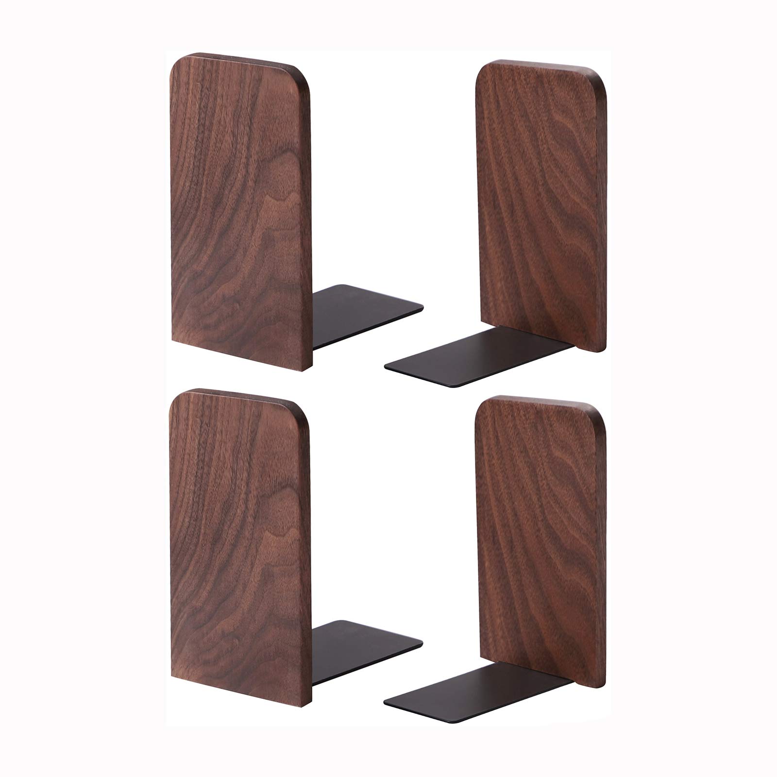 Muso Wood Book Ends for Shelves, Non-Slip Bookends, Heavy Duty Wooden Bookend Support for Books and Movies (Walnut 2 Pairs)