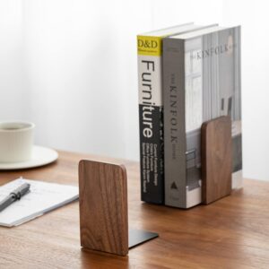 Muso Wood Book Ends for Shelves, Non-Slip Bookends, Heavy Duty Wooden Bookend Support for Books and Movies (Walnut 2 Pairs)