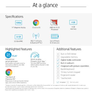 HP Chromebook 14-Inch Laptop with 180-Degree Hinge, Full HD Screen, AMD Dual-Core A4-9120 Processor, 4 GB SDRAM, 32 GB eMMC Storage, Chrome OS (14-db0050nr, Snow White)