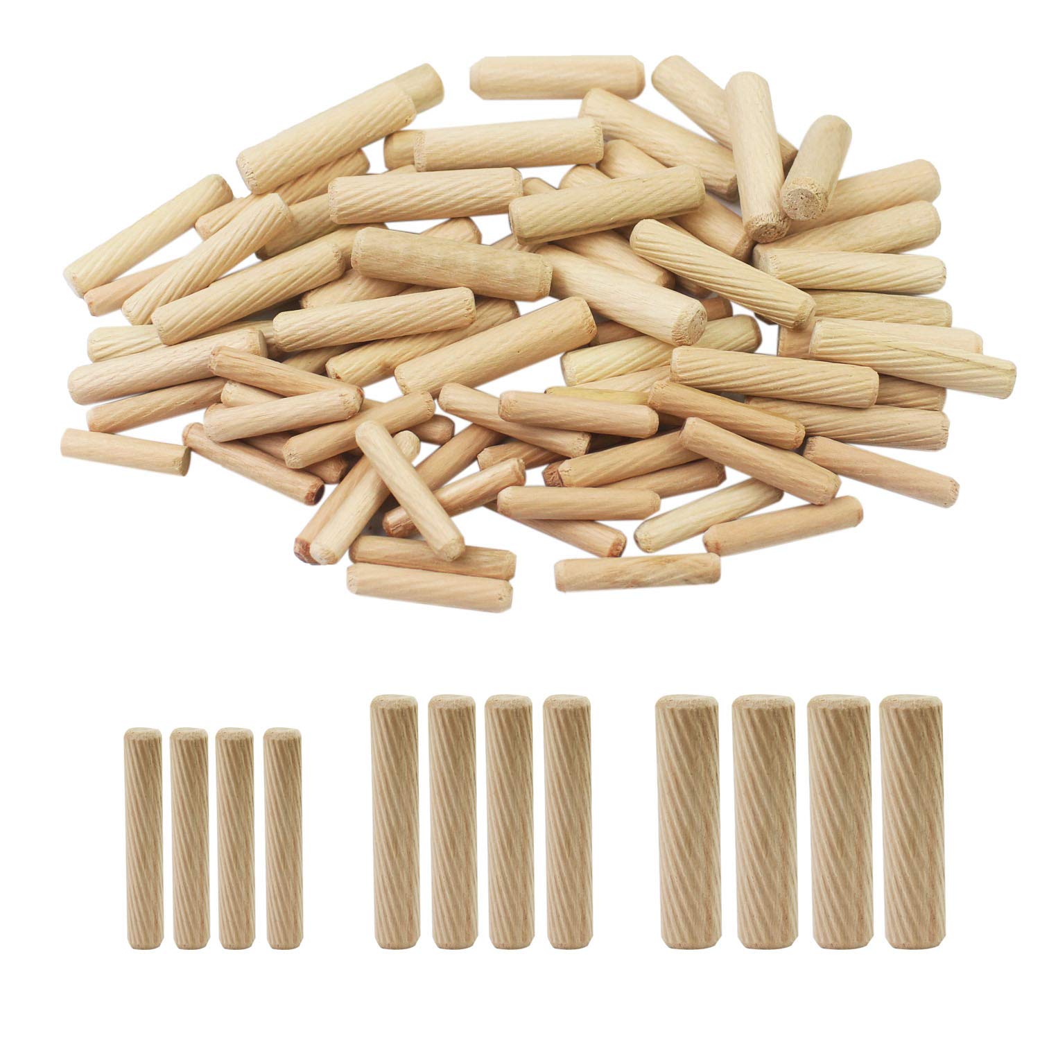 Luckkyme, 400pcs 1/4” 5/16” 3/8" L Fluted Wood Dowel Pins Beveled Ends Tapered for Easier Insertion Straight Grooved Pins for Furniture Door and Art Projects