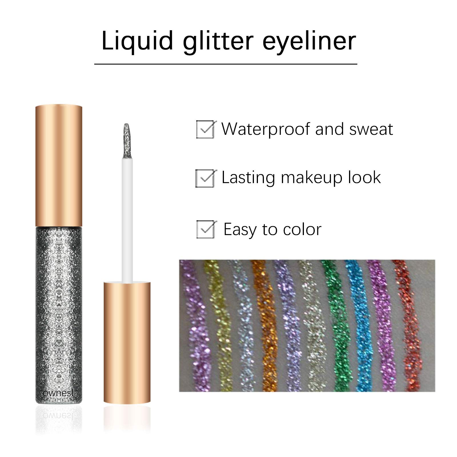 Ownest 10 Colors Liquid Glitter Eyeliner, Metallic Shimmer Glitter Eyeshadow, Long Lasting Waterproof Shimmer Sparkling Eyeliner Eye Shadow-10pcs