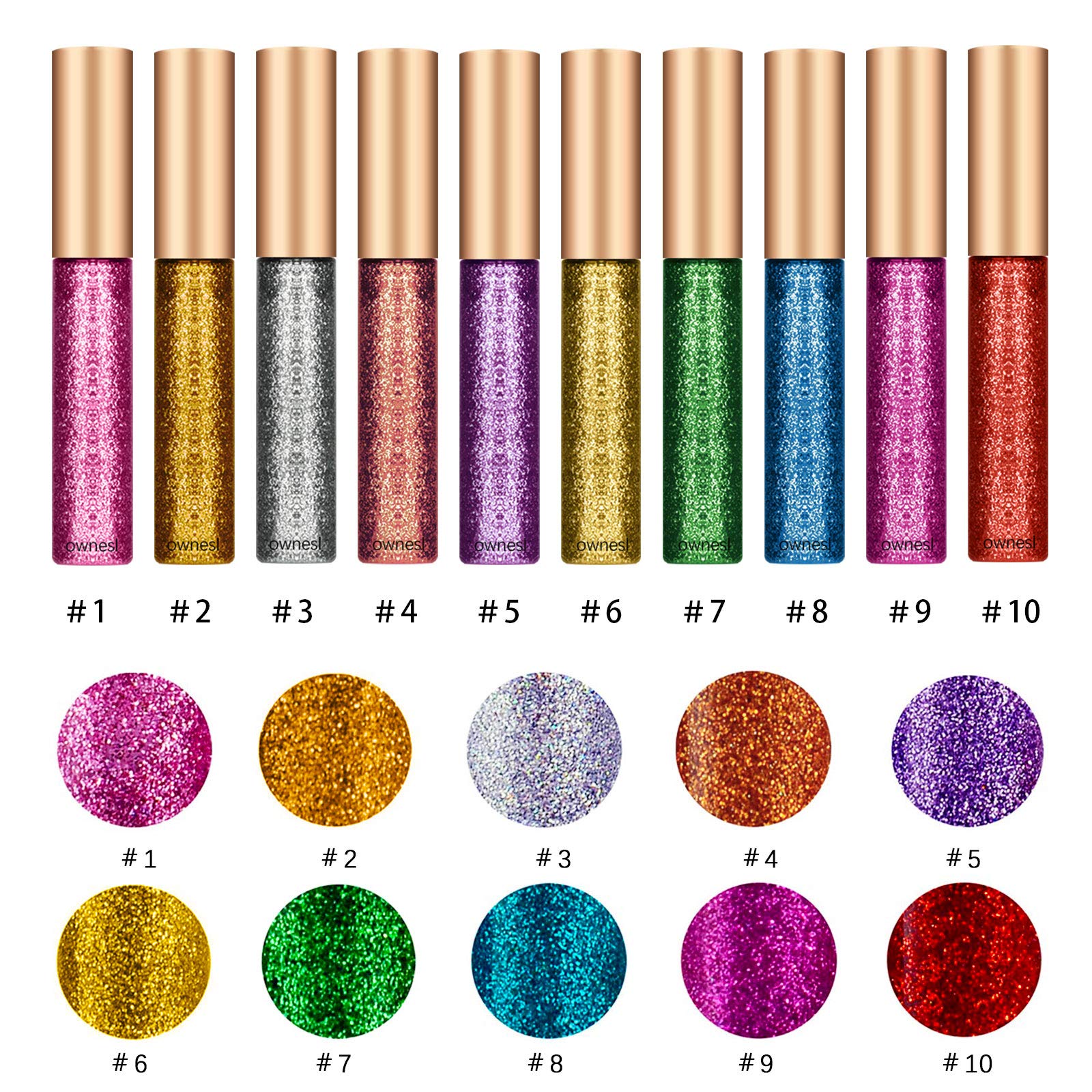 Ownest 10 Colors Liquid Glitter Eyeliner, Metallic Shimmer Glitter Eyeshadow, Long Lasting Waterproof Shimmer Sparkling Eyeliner Eye Shadow-10pcs