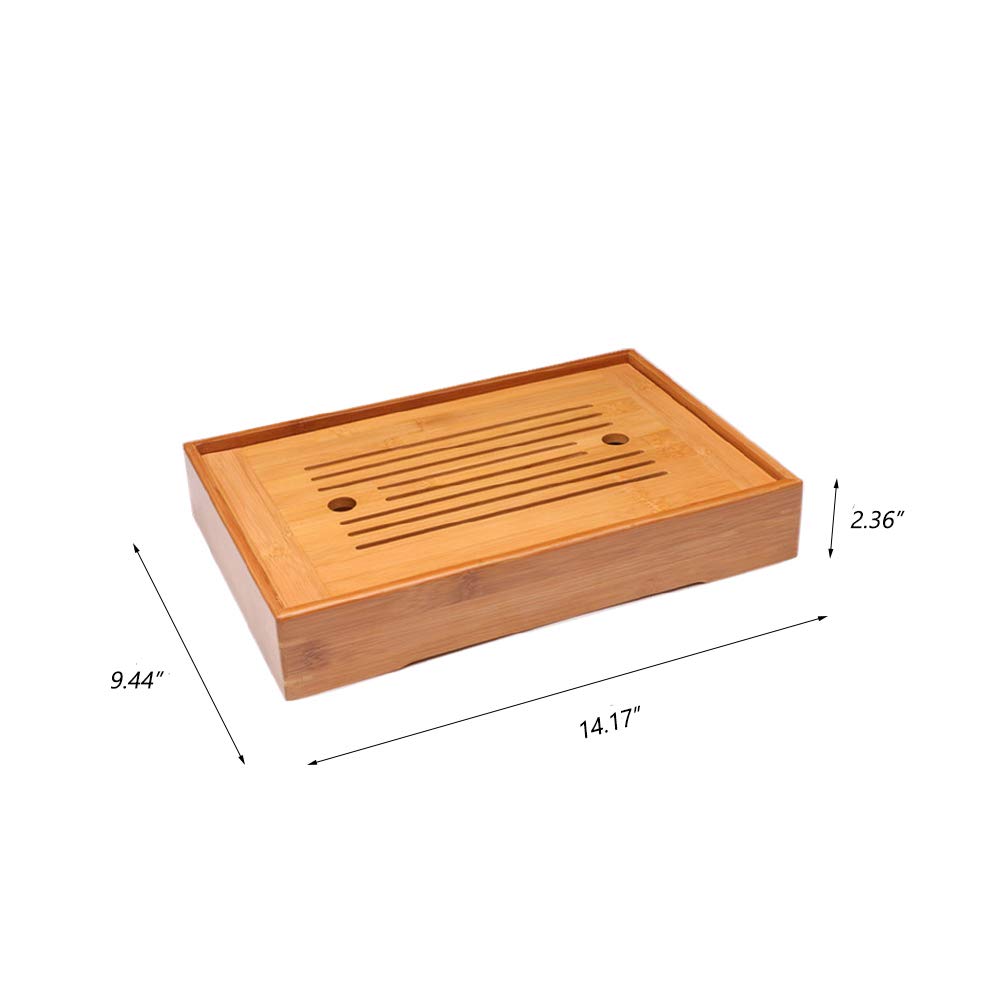 Reservoir Type Bamboo Tea Tray,Chinese Kungfu Tea Table Serving Tray Box for Kungfu Tea Set,Rectangle,14.2"x9.4"x2.4"