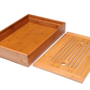 Reservoir Type Bamboo Tea Tray,Chinese Kungfu Tea Table Serving Tray Box for Kungfu Tea Set,Rectangle,14.2"x9.4"x2.4"