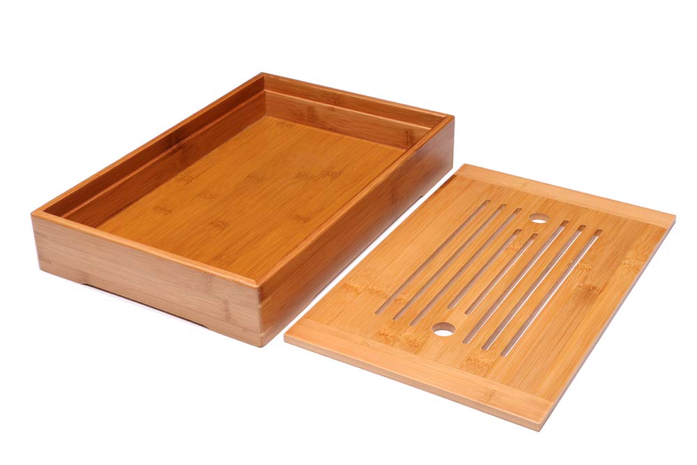 Reservoir Type Bamboo Tea Tray,Chinese Kungfu Tea Table Serving Tray Box for Kungfu Tea Set,Rectangle,14.2"x9.4"x2.4"