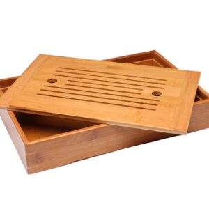 Reservoir Type Bamboo Tea Tray,Chinese Kungfu Tea Table Serving Tray Box for Kungfu Tea Set,Rectangle,14.2"x9.4"x2.4"