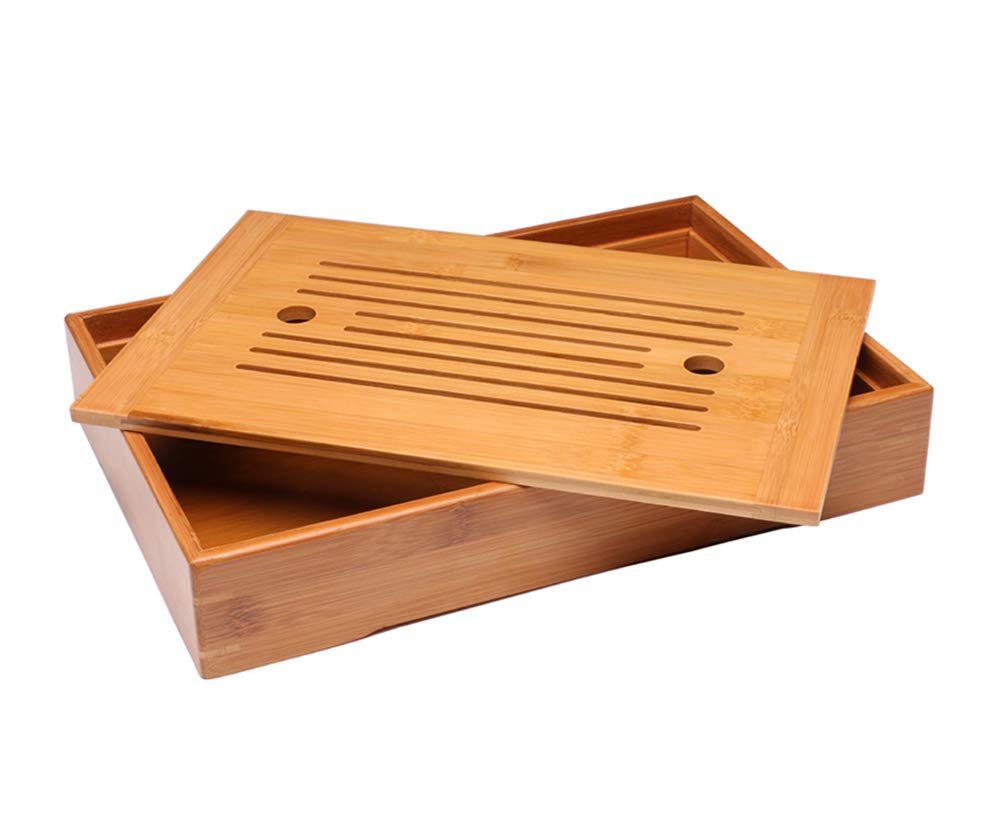 Reservoir Type Bamboo Tea Tray,Chinese Kungfu Tea Table Serving Tray Box for Kungfu Tea Set,Rectangle,14.2"x9.4"x2.4"