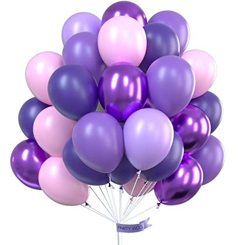 PartyWoo Purple Balloons, 70 Pcs 12 Inch Pastel Purple Balloons, Lilac Balloons, Violet Balloons, Purple Metallic Balloons for Purple Party Decorations, Purple Birthday Decorations, Purple Baby Shower