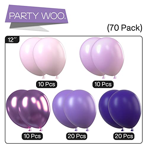 PartyWoo Purple Balloons, 70 Pcs 12 Inch Pastel Purple Balloons, Lilac Balloons, Violet Balloons, Purple Metallic Balloons for Purple Party Decorations, Purple Birthday Decorations, Purple Baby Shower