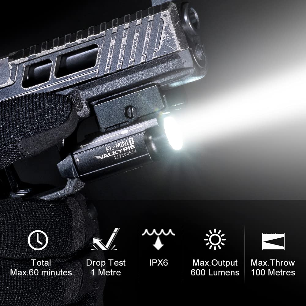 OLIGHT PL-Mini 2 Valkyrie 600 Lumens Magnetic USB Rechargeable Compact Weaponlight with Adjustable Rail, High Performance CW LED Tactical Flashlight with Built-in Battery