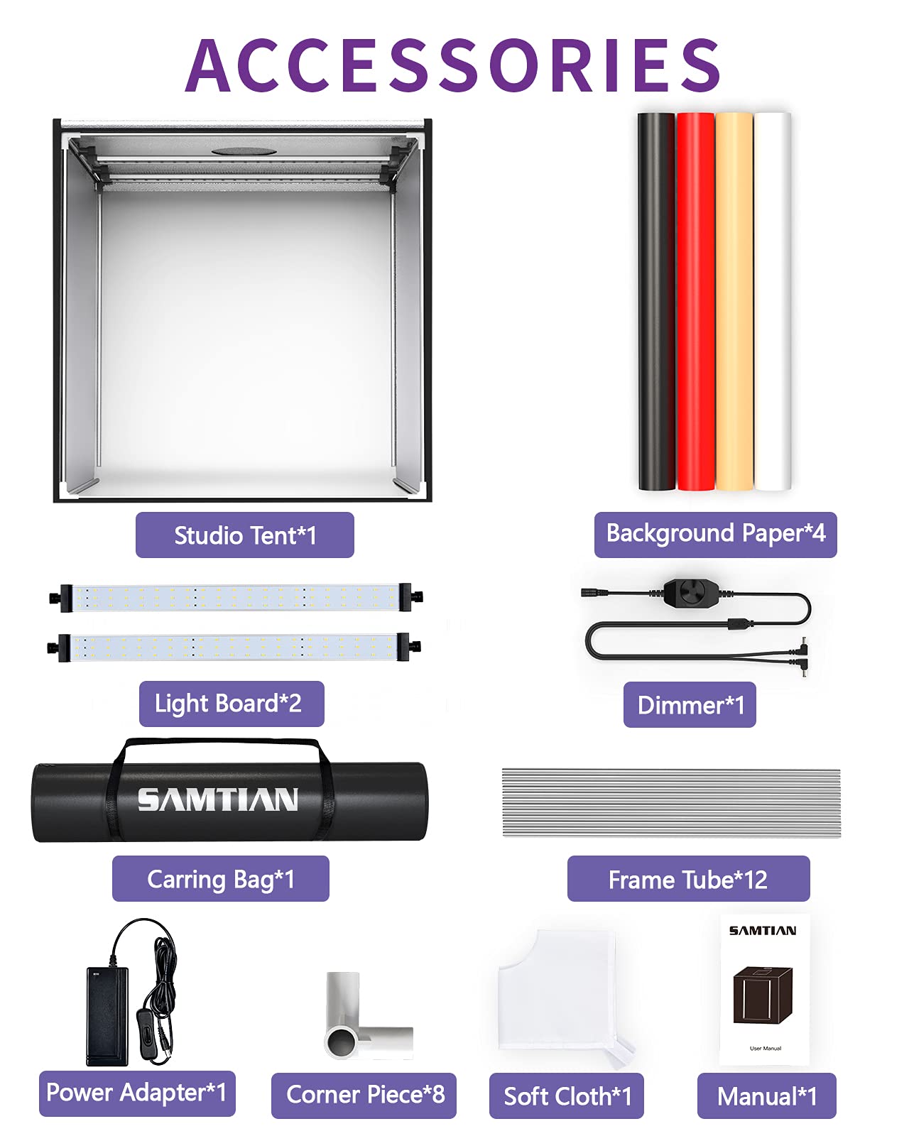 Photo Box, SAMTIAN Photo Light Box 32x32x32 Inches 126 LED Light Photo Studio Shooting Tent Tabletop Photography Lighting Kit with 4 Background Paper (Black,White, Red and Orange) for Photography