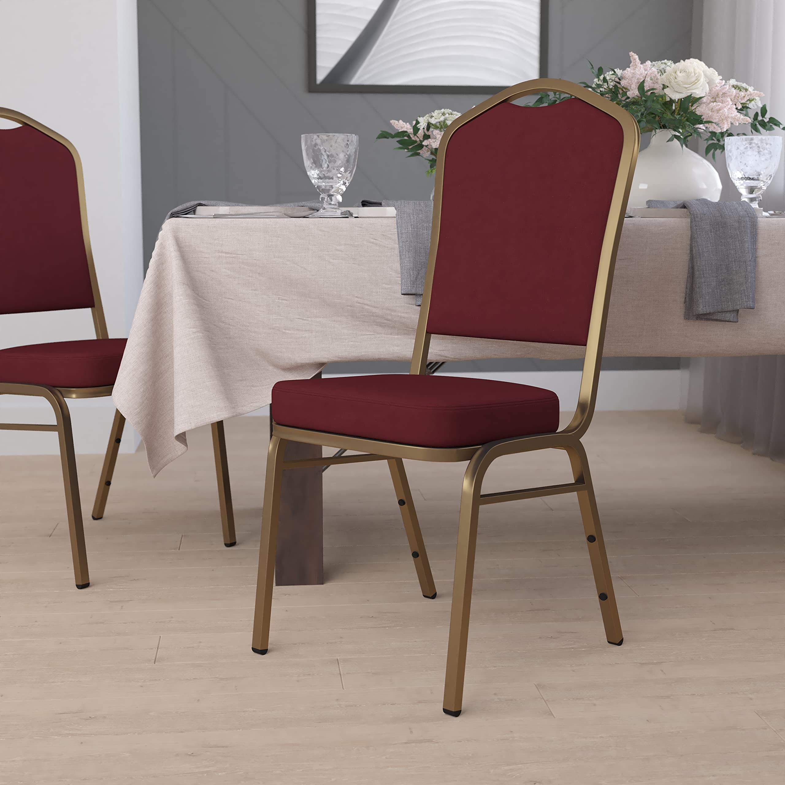 EMMA + OLIVER Crown Back Stacking Banquet Chair in Burgundy Fabric - Gold Frame