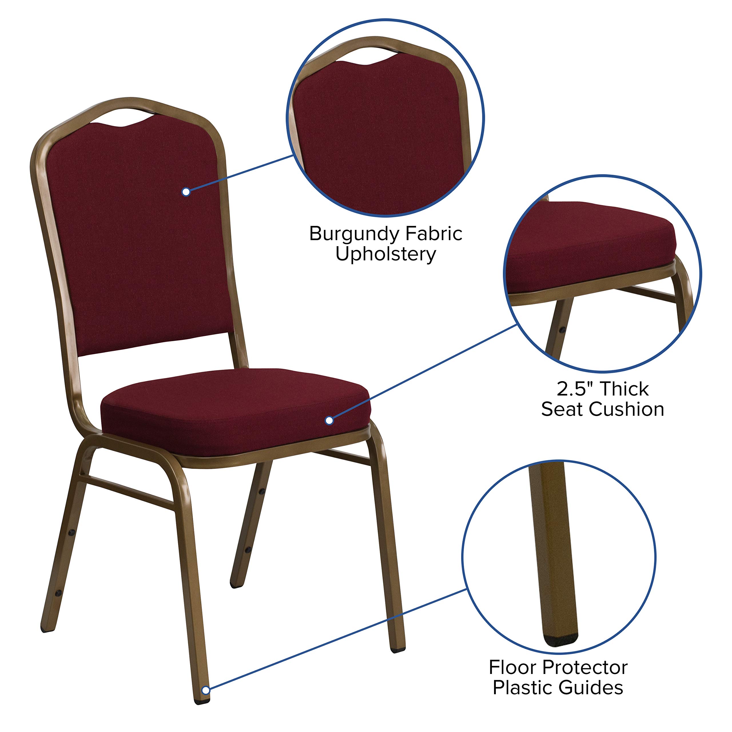 EMMA + OLIVER Crown Back Stacking Banquet Chair in Burgundy Fabric - Gold Frame