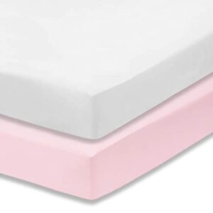 Everyday Kids 2-Pack Fitted Crib Sheets, 100% Soft Breathable Microfiber Baby Sheet, Fits Standard Size Crib Mattress 28in x 52in, Pink Nursery Sheet and White Nursery Sheet