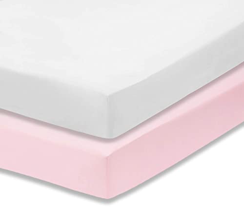 Everyday Kids 2-Pack Fitted Crib Sheets, 100% Soft Breathable Microfiber Baby Sheet, Fits Standard Size Crib Mattress 28in x 52in, Pink Nursery Sheet and White Nursery Sheet