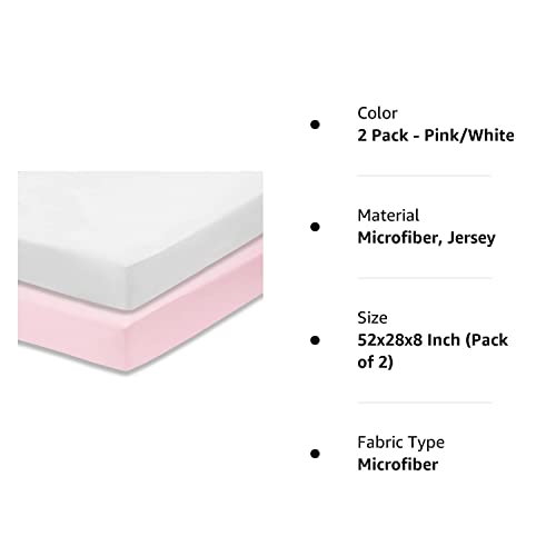 Everyday Kids 2-Pack Fitted Crib Sheets, 100% Soft Breathable Microfiber Baby Sheet, Fits Standard Size Crib Mattress 28in x 52in, Pink Nursery Sheet and White Nursery Sheet