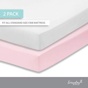 Everyday Kids 2-Pack Fitted Crib Sheets, 100% Soft Breathable Microfiber Baby Sheet, Fits Standard Size Crib Mattress 28in x 52in, Pink Nursery Sheet and White Nursery Sheet