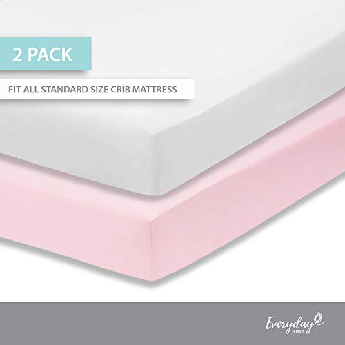 Everyday Kids 2-Pack Fitted Crib Sheets, 100% Soft Breathable Microfiber Baby Sheet, Fits Standard Size Crib Mattress 28in x 52in, Pink Nursery Sheet and White Nursery Sheet